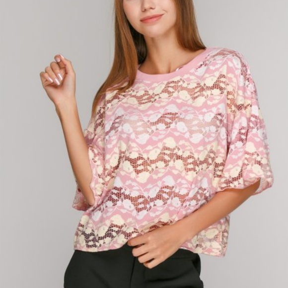 Zara | Tops | Nwt Zara Pink Lace Semi Sheer Bell Sleeve Crop Top | Poshmark